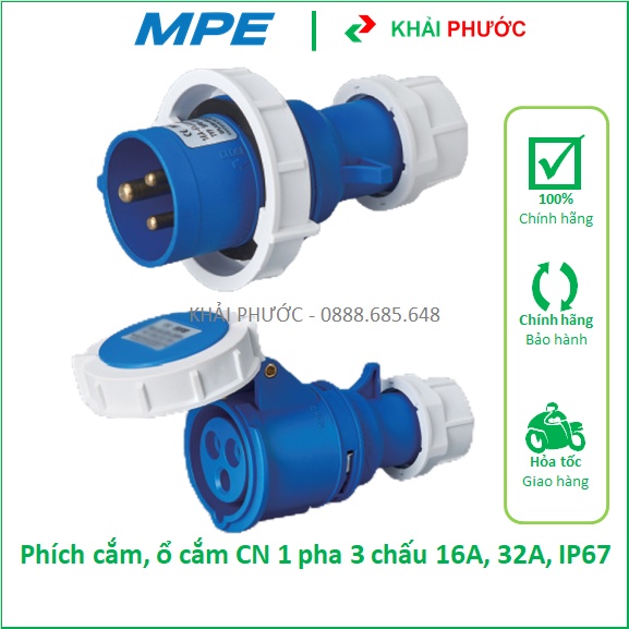 Male plug 1-phase 3-pin female socket 16A 32A IP67 industrial MPE MPN ...