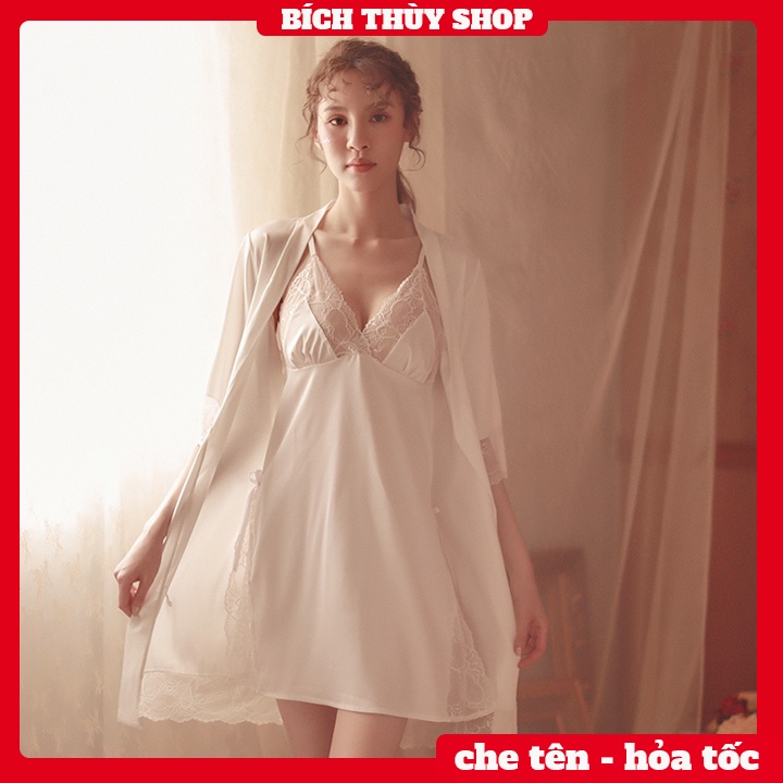 Sexy Silk Nightgown Set Lace Bustier Nightgown With Kimono Style Silk
