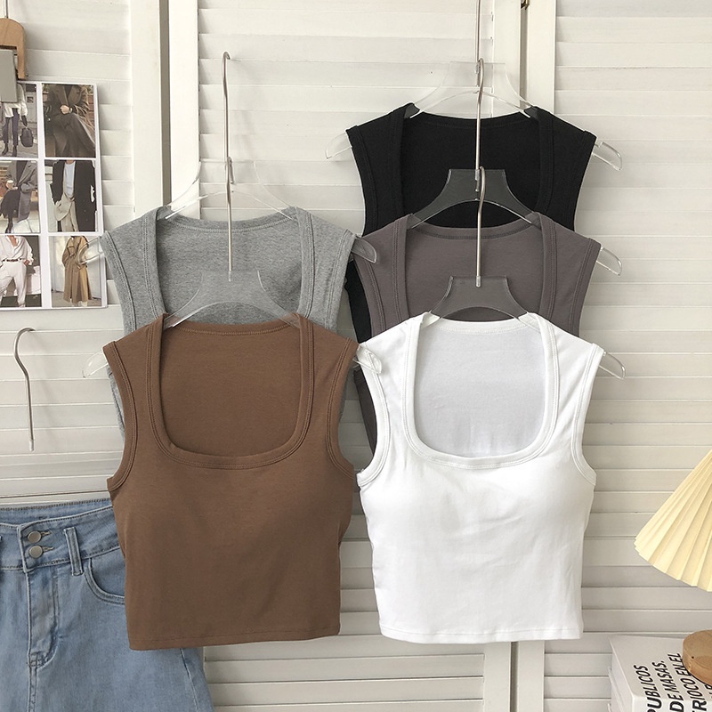 Korean broad-shoulder vest Women's solid color square neck comfortable ...
