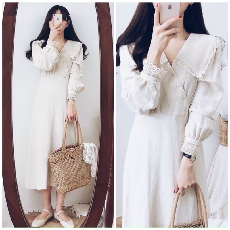 White dress with slanted buttons and lace trim (with real pictures ...