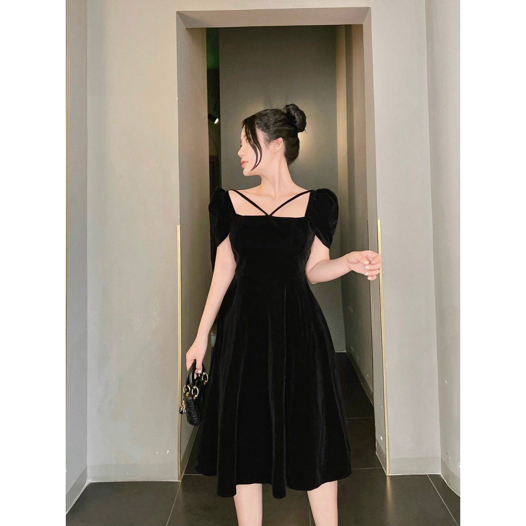 Velvet dress with cross-neck strap design and waist belt, suitable for ...