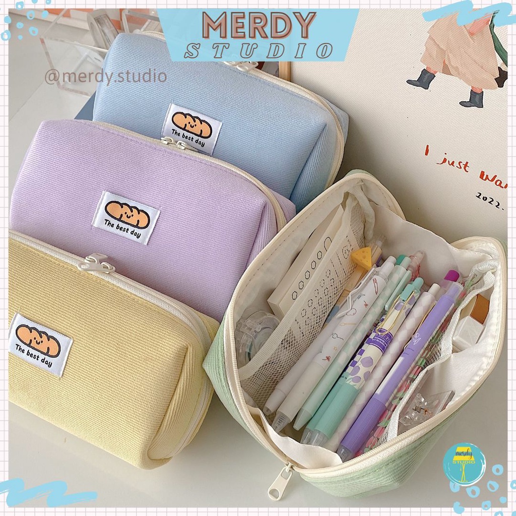 Bread Pencil Case with small mesh compartment in pastel velvet fabric ...