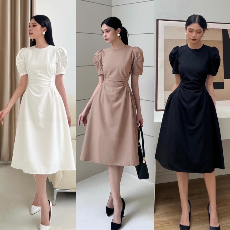 Office party dress with round neck and pleated waist | Shopee Malaysia