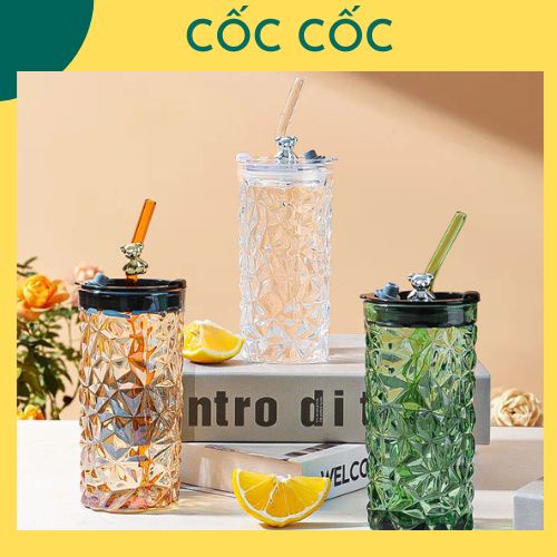 Coc Coc glass water bottle with bear lid and cute straw, 400ml capacity ...