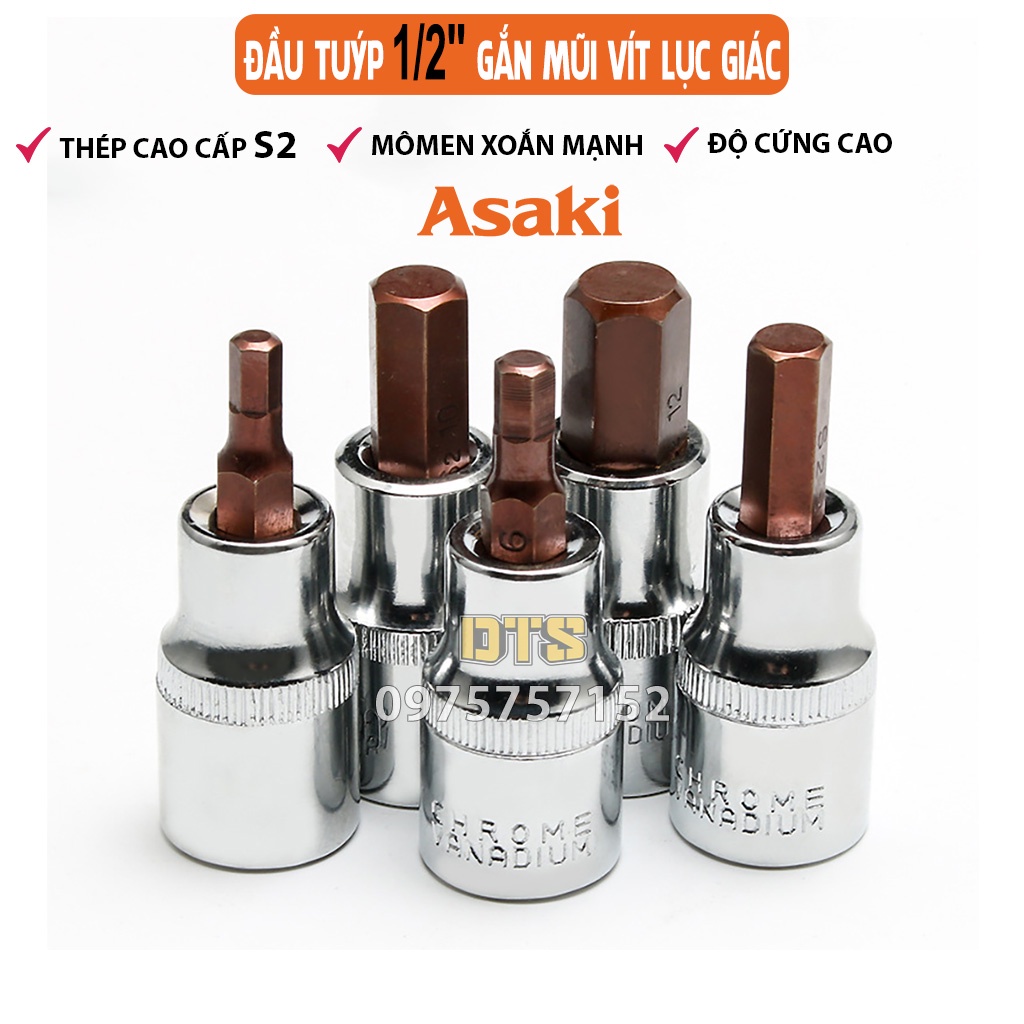 1/2'' tube with Asaki hexagonal screw bit, size 3-14mm, 1/2 inch S2 ...
