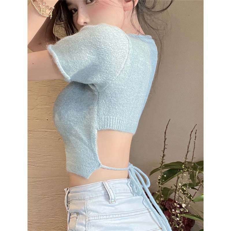 SEZO Korean Fashion Women's Short Sleeve Knitted T-shirt Women's Open ...