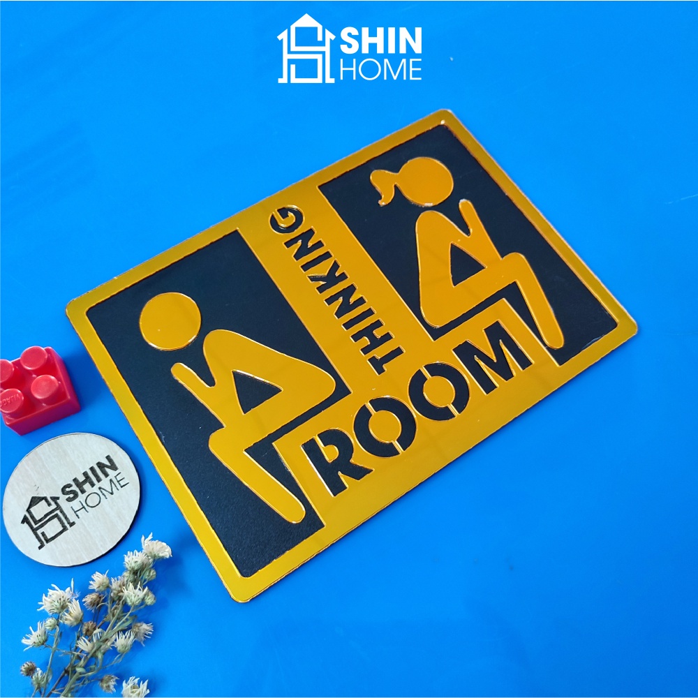 Unique gold mirror toilet board with the word Thinking Room on the ...
