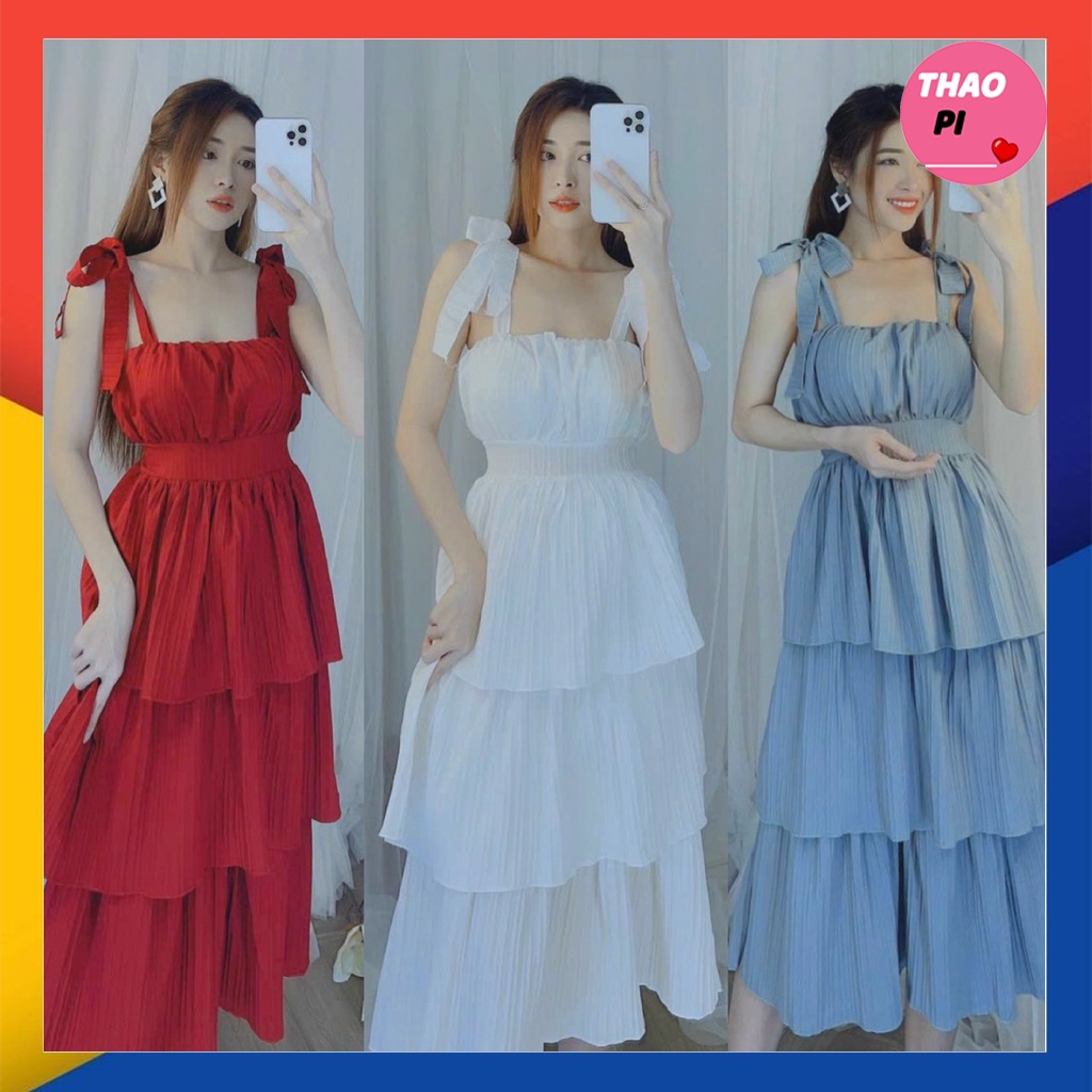Ulzzang three-layer maxi dress with shoulder bow for going to the beach ...