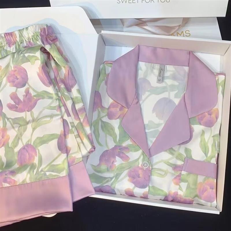 Floral Satin Pajamas Women Long-Sleeved Pyjamas Set Dormitory Tulip Ice ...