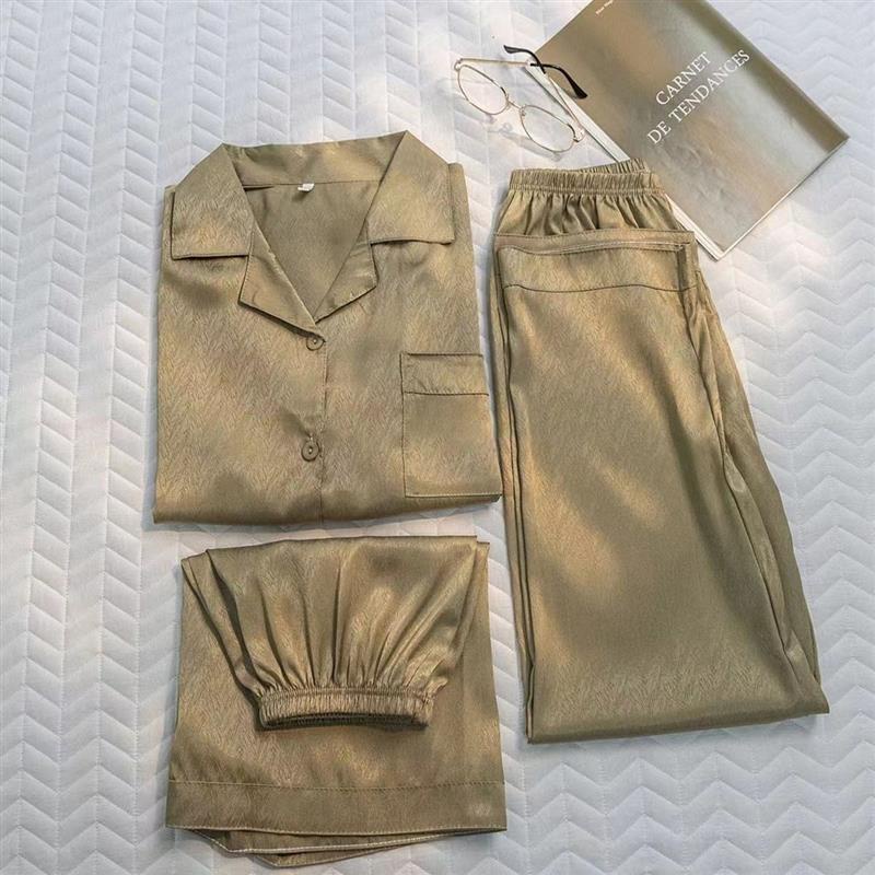 Korean Style Three-Piece Set Ice Silk Pajamas Women Summer Sleepwear ...