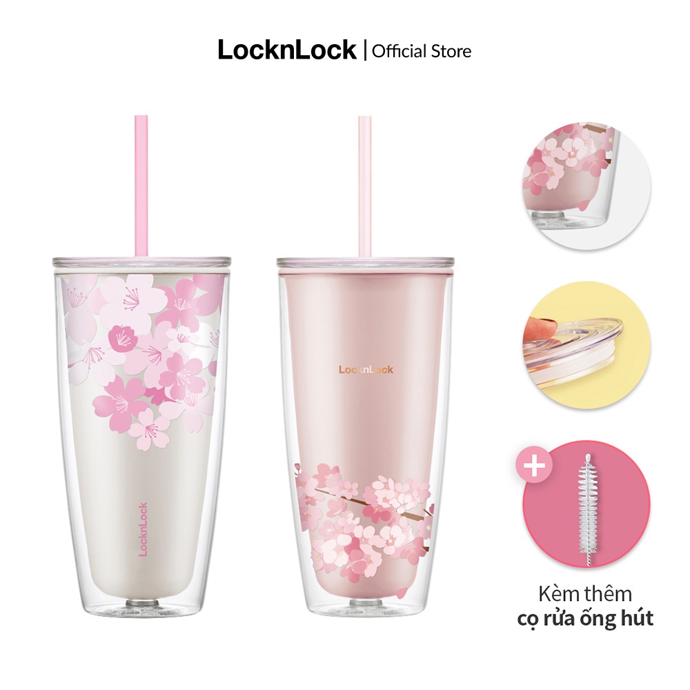 Cherry Blossom 2-layer plastic cup with straw Lock&Lock 750ML - HAP509 ...