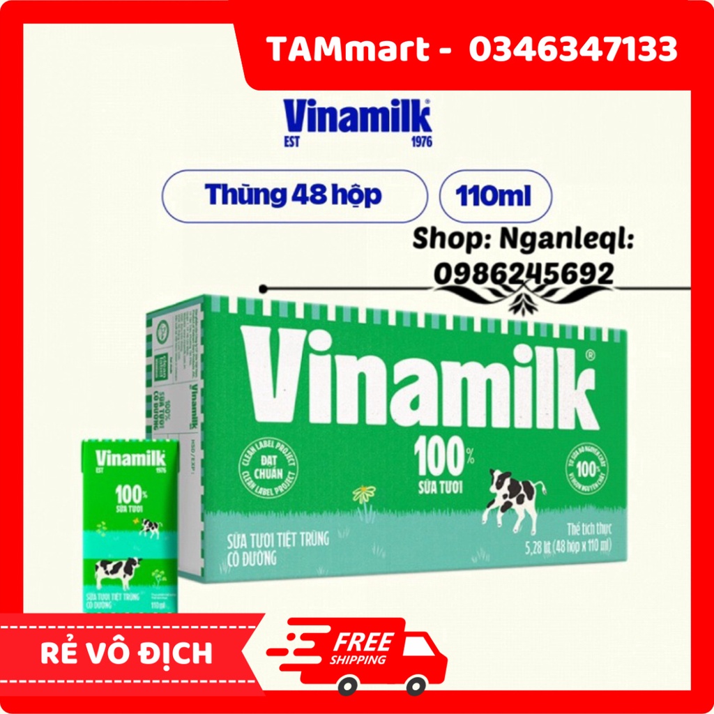 (Box Of 48 Boxes) 100% Vinamilk Fresh Milk 110ml With Sugar, Less Sugar ...