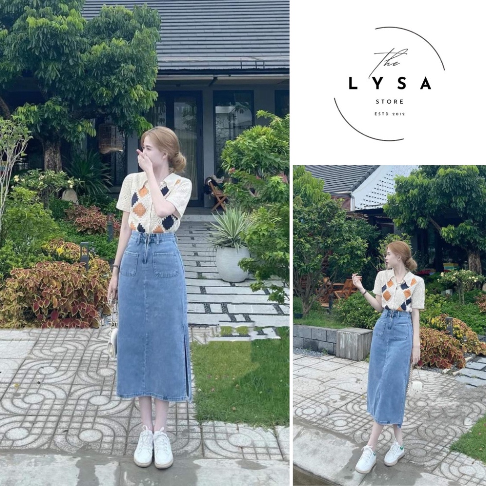 Long A-line jeans skirt split flaps, long cow skirt over knees with large pocket in front of ...