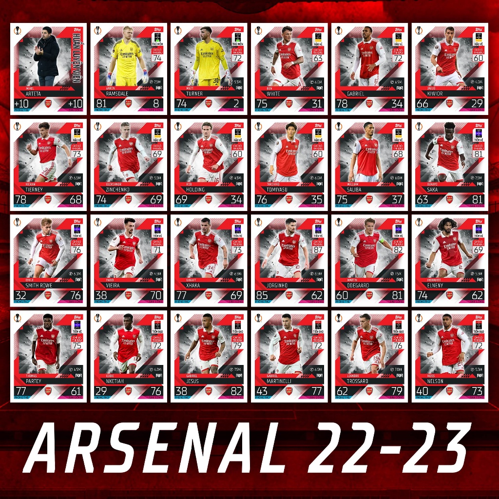 Complete set of 24 Arsenal football player cards for the 2022-2023 ...