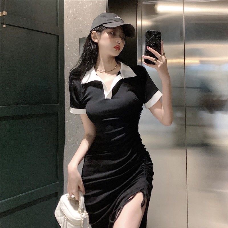 Mam Bodycon Ribbed Shirt Collar Dress with Colored Hem and Drawstring ...
