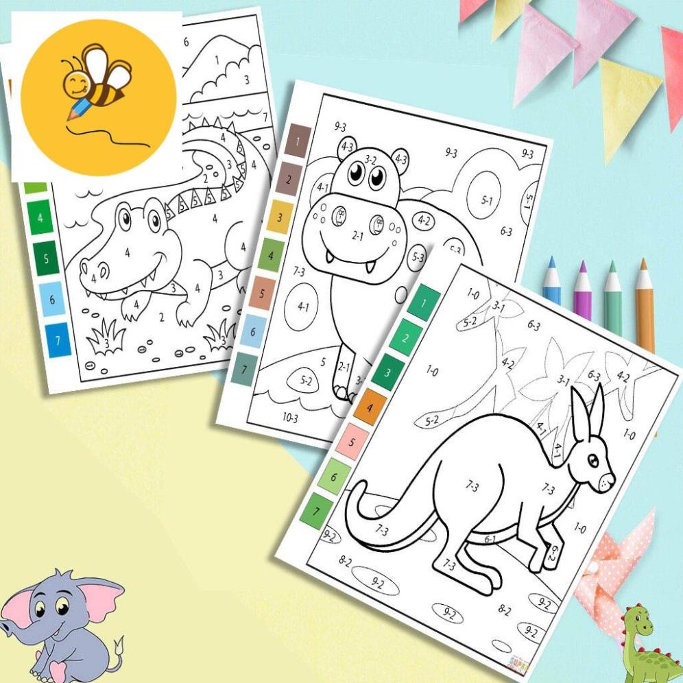 Set of 12 Coloring by Numbers (Calculation) for Children Animal Theme ...