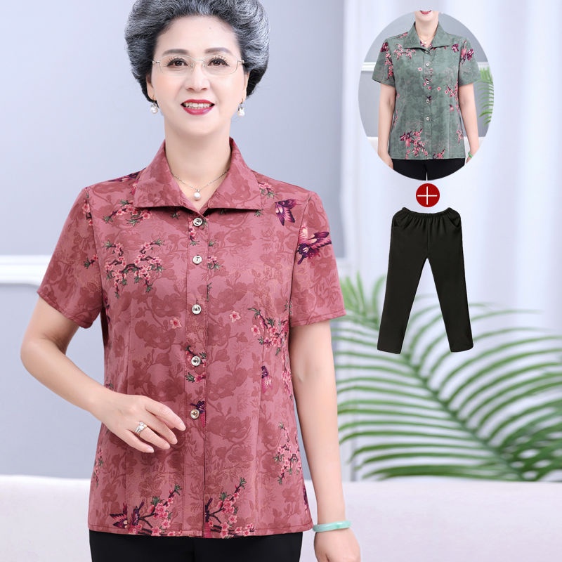 Grandma's outfit Female elderly short-sleeved Simulation Silk Shirt Top ...