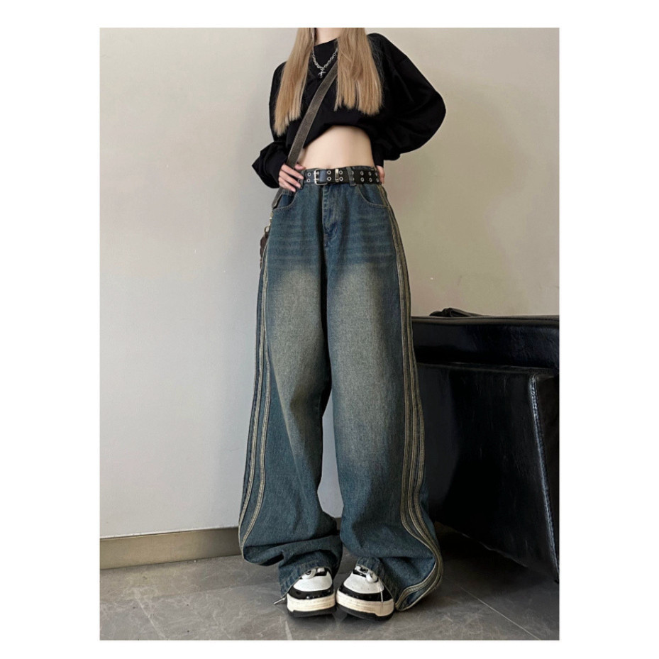 Ulzzang style unisex long jeans with wide-legged high waistband and ...