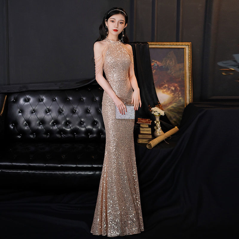 Golden Evening Dress Women's 2024 High end Light Luxury Small Crowd ...