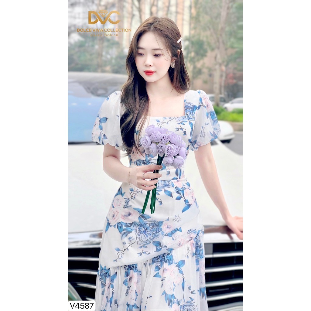 (Delivery Now) Dress with square neck flower design to go to work V4587 ...