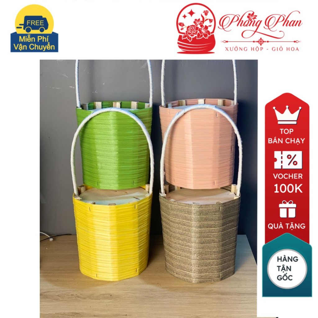 Round Flower Arrangement Basket with Wooden Slats Wrapped in Colorful ...