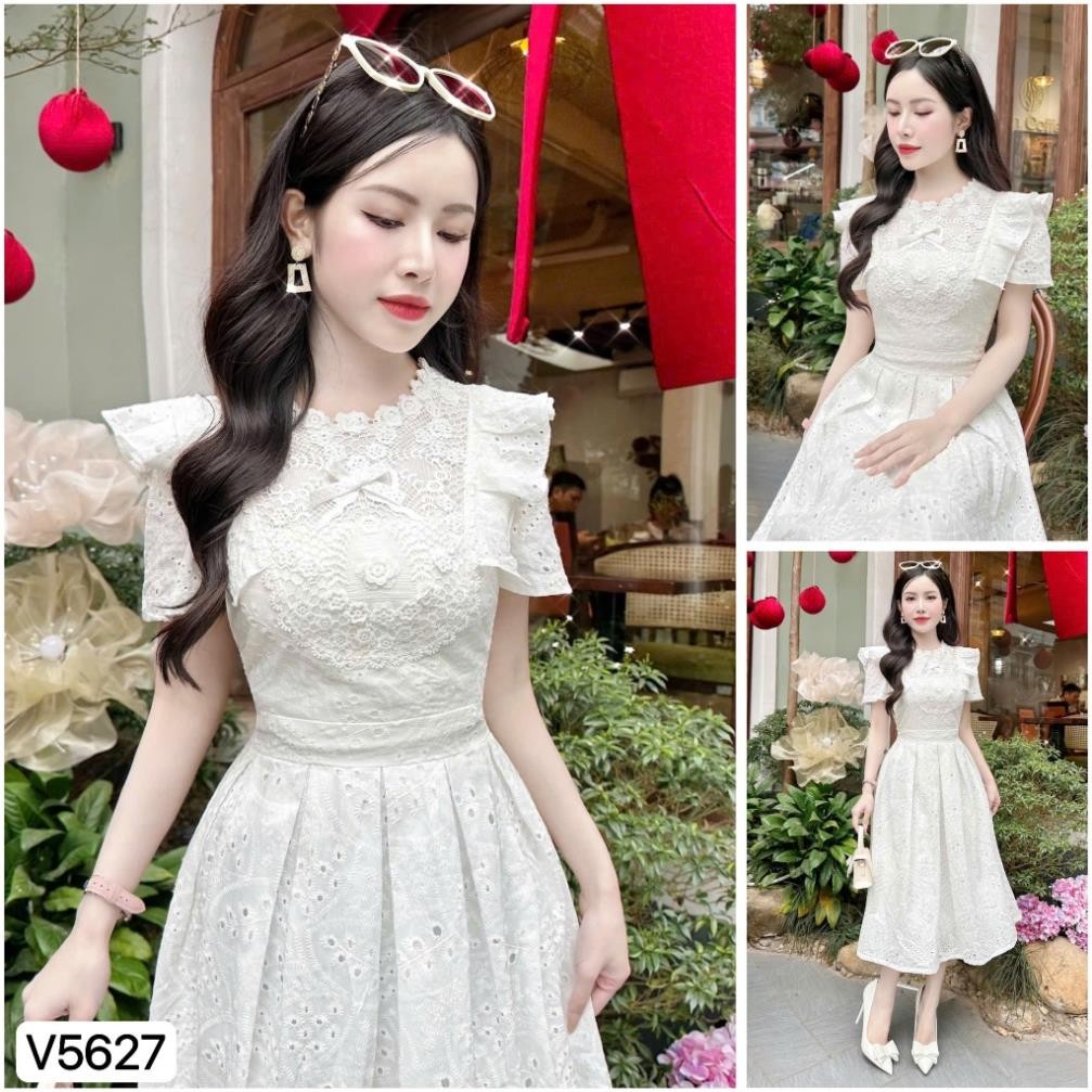 V5627 White dress with lace pattern and puff sleeves, Genuine DVC ...