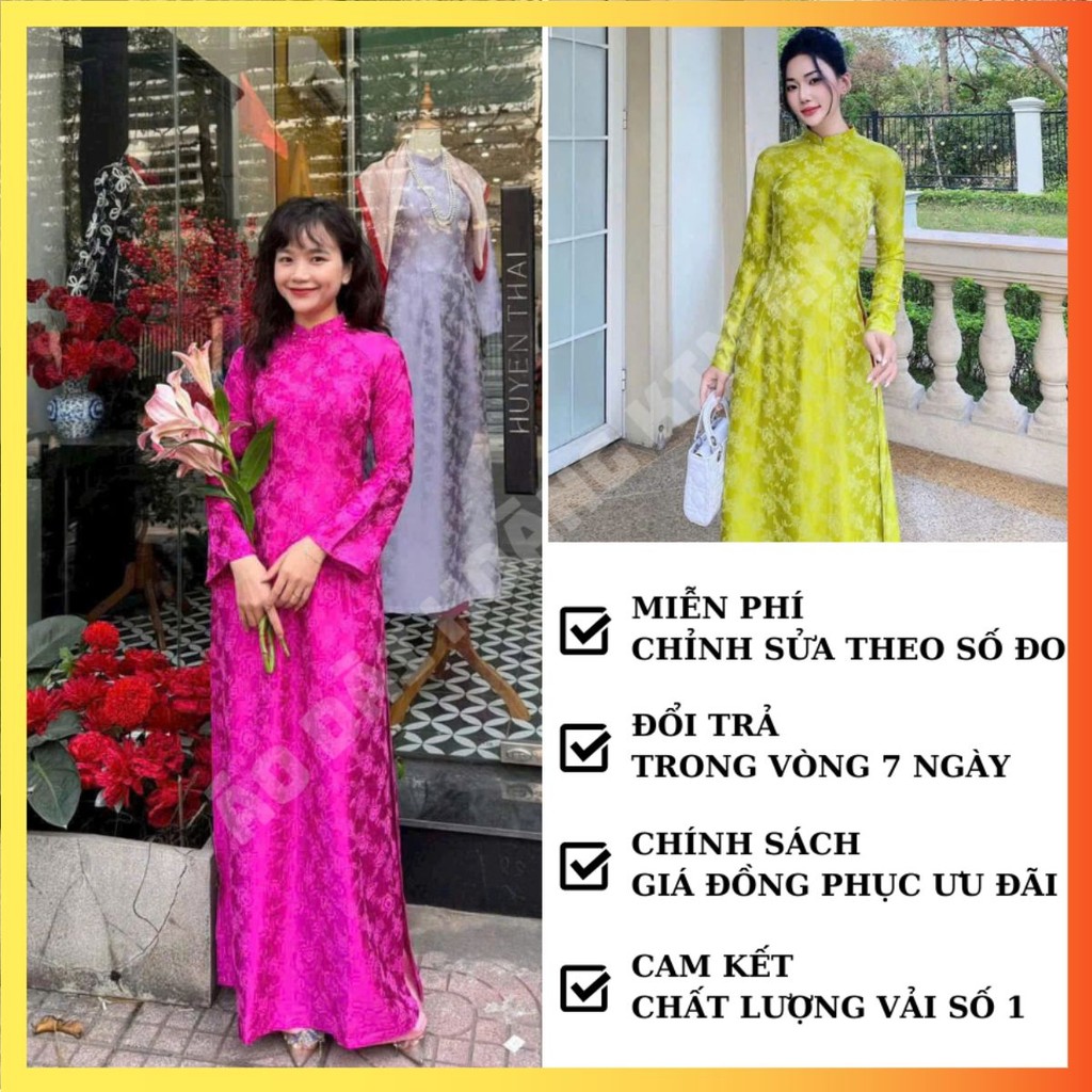 Traditional women's silk damask ao dai with pearl embellished collar ...