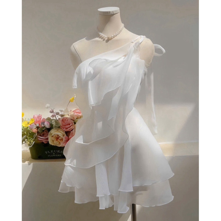 TN4 WHITE CANDLE SILK DRESS WITH SCRATCHED SHOULDER AND BOW TIE FOR ...