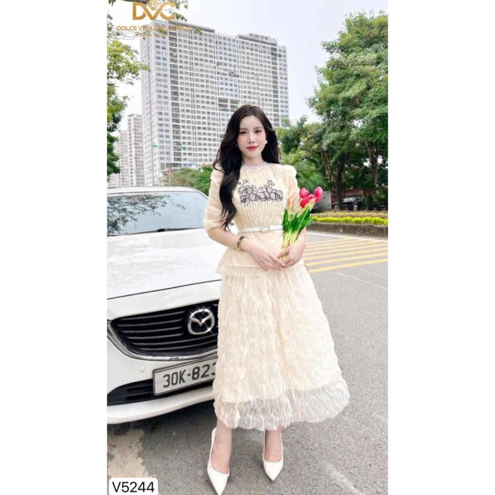 V5244 PEPLUM CREAM LACE DRESS WITH ELEGANT BLACK FLOWERS - GENUINE DVC ...