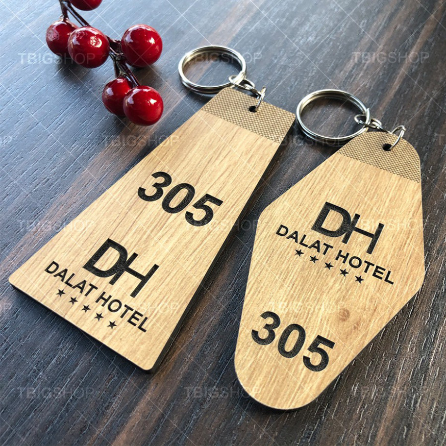Laser engraved wooden keychain with room numbers, logos, hotel names ...