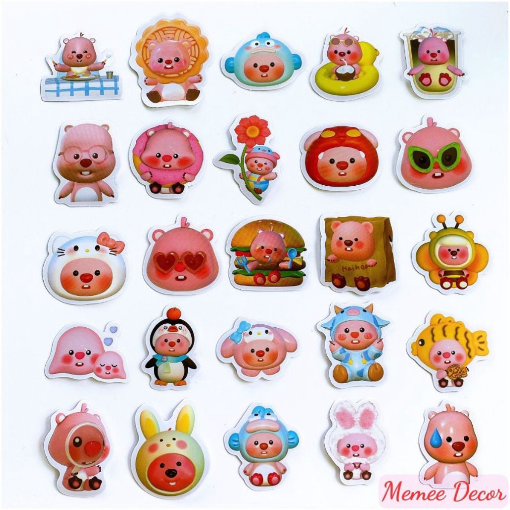 Set of 100 loopy meme stickers with adorable animal heads, cute cartoon ...
