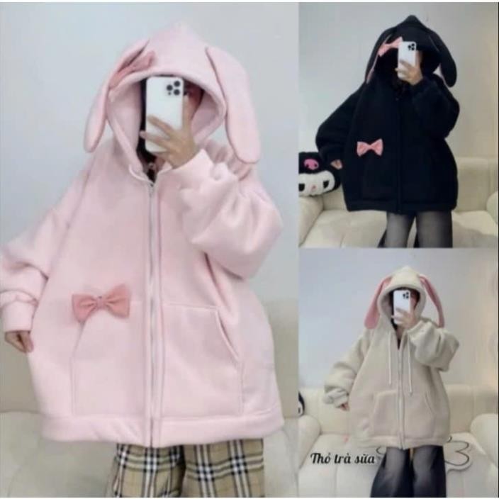 Jacket Pink Rabbit Ears zip Hoodie. unisex UT loose form COTTON felt ...