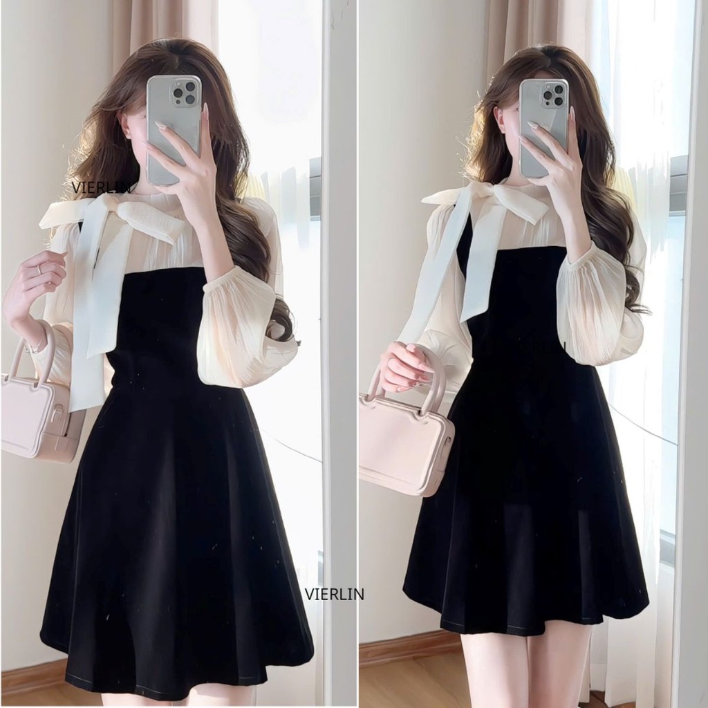 Vierlin Velvet Dress Mixed with Long Sleeves and Fluffy Chiffon with ...