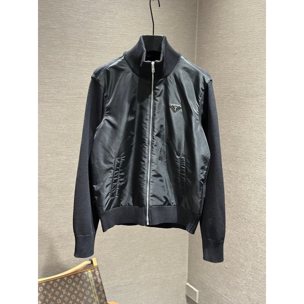 Jacket Bomber wind mixed with Prada wool Black logo tag triangle chest ...