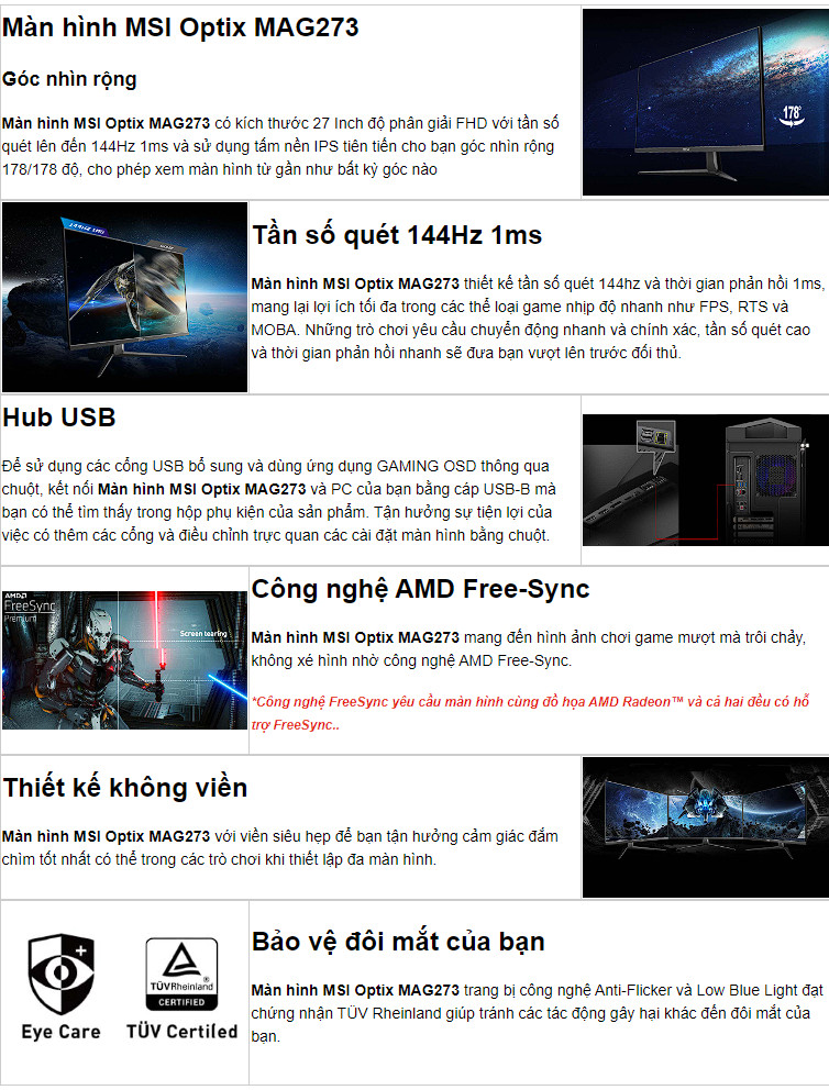 Msi Optix MAG273 Gaming Monitor (27"/IPS/144Hz/1ms/10bit/HDR/FreeSync ...