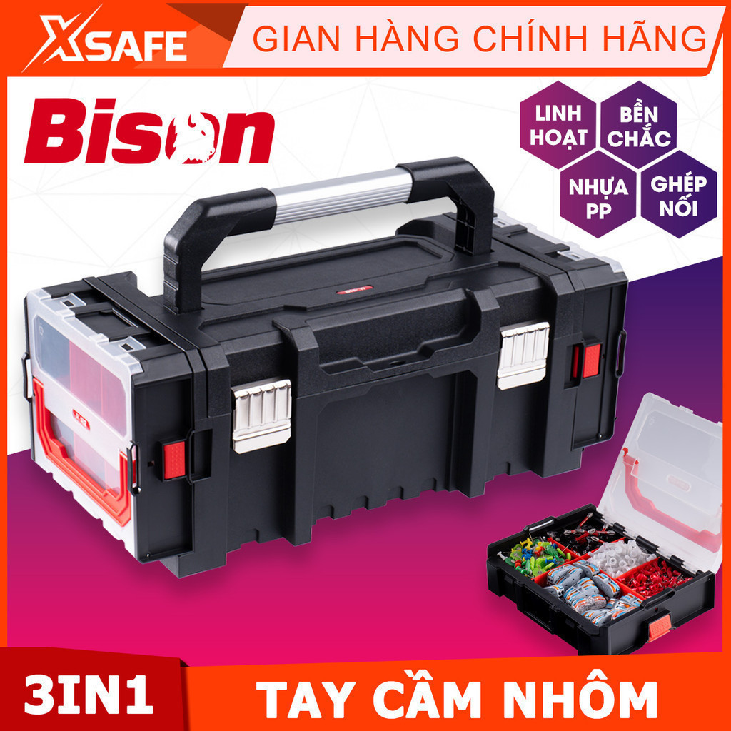 3IN1 Bison tool box, size 21 inches, impact-resistant virgin PP plastic, 2 small boxes for ...