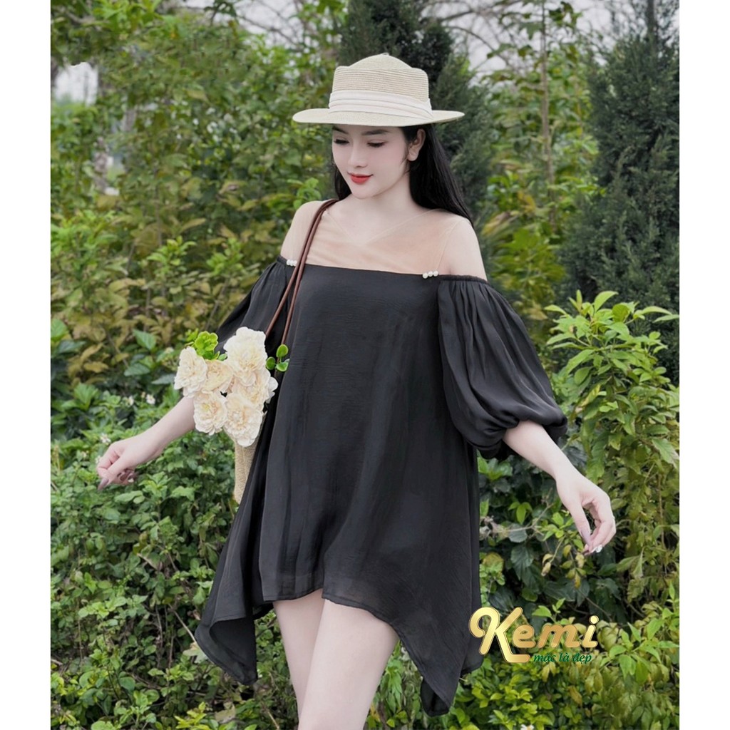 Babydoll dress with puffed sleeves and stylized Kemi mesh with pearls and off-the-shoulder ...