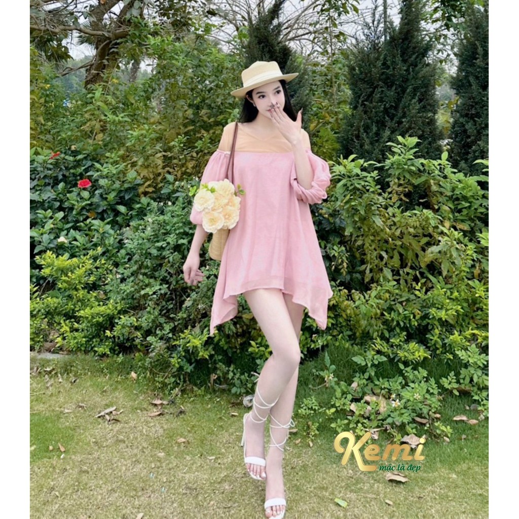 Babydoll dress with puffed sleeves and stylized Kemi mesh with pearls and off-the-shoulder ...