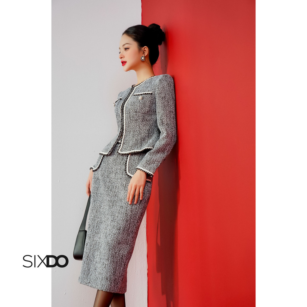 Sixdo Tweed Pencil Skirt (White & Black Midi Tweed Skirt) | Shopee Malaysia
