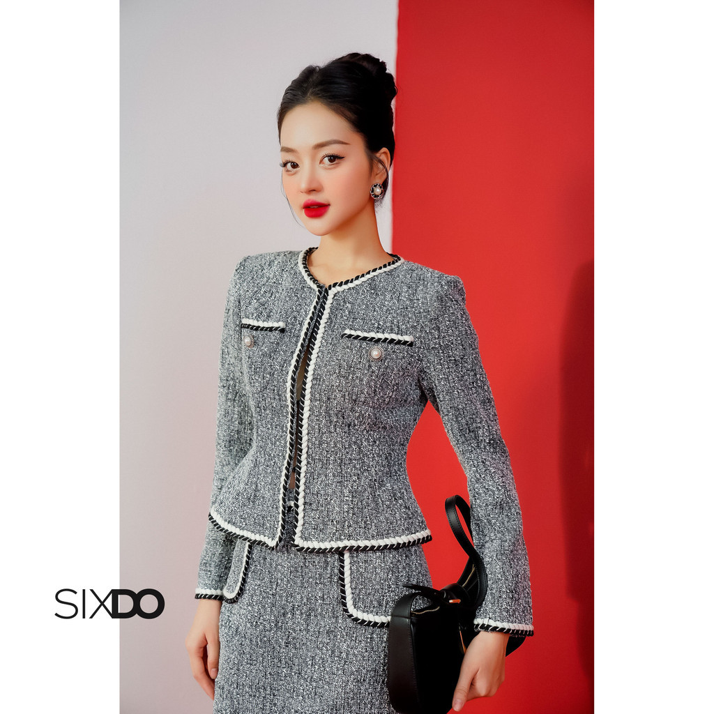 Sixdo Tweed Pencil Skirt (White & Black Midi Tweed Skirt) | Shopee Malaysia