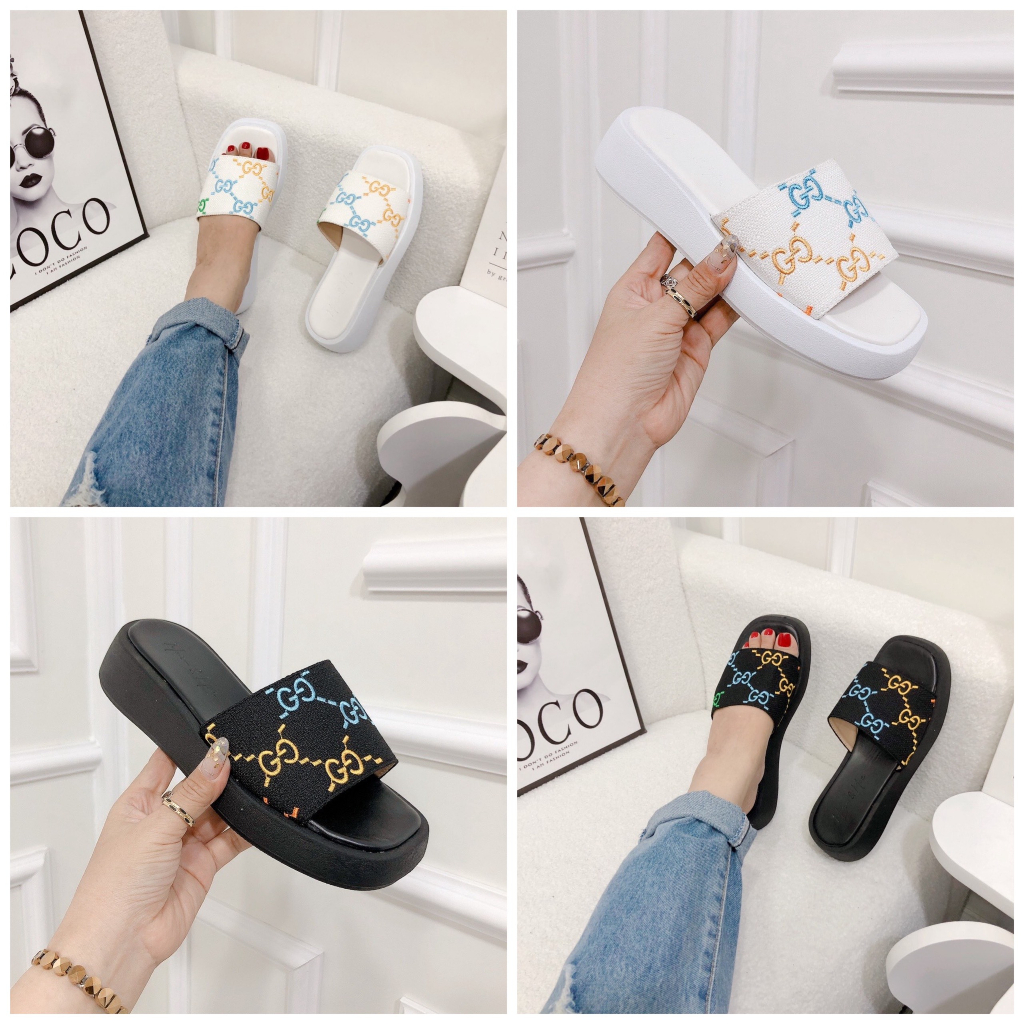 Women Platform Slippers With Horizontal Embroidered Bands Top 5Cm High ...