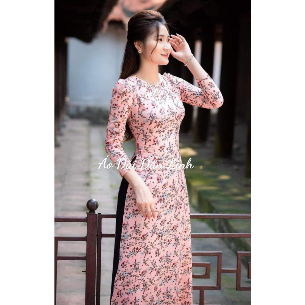 (A795) Ao Dai with 3D printed pattern in pink with round neck puff sleeves - Knit Linh Ao Dai ...