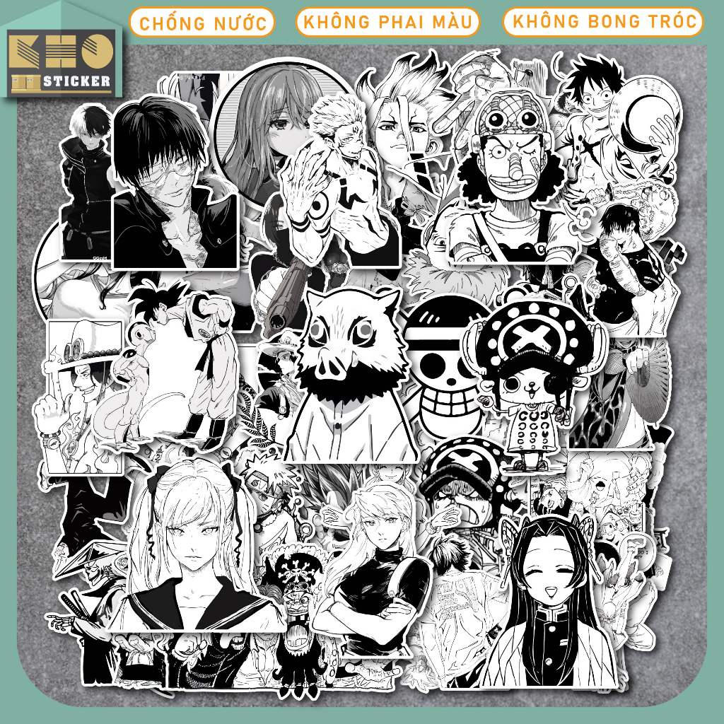 Combo 50 Stickers BW Anime Waterproof sticker laptop, Phone, guitar ...