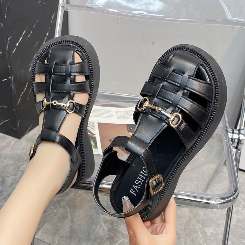 Women's fashion brown sandals with 4cm woven straps and buttons [SD ...