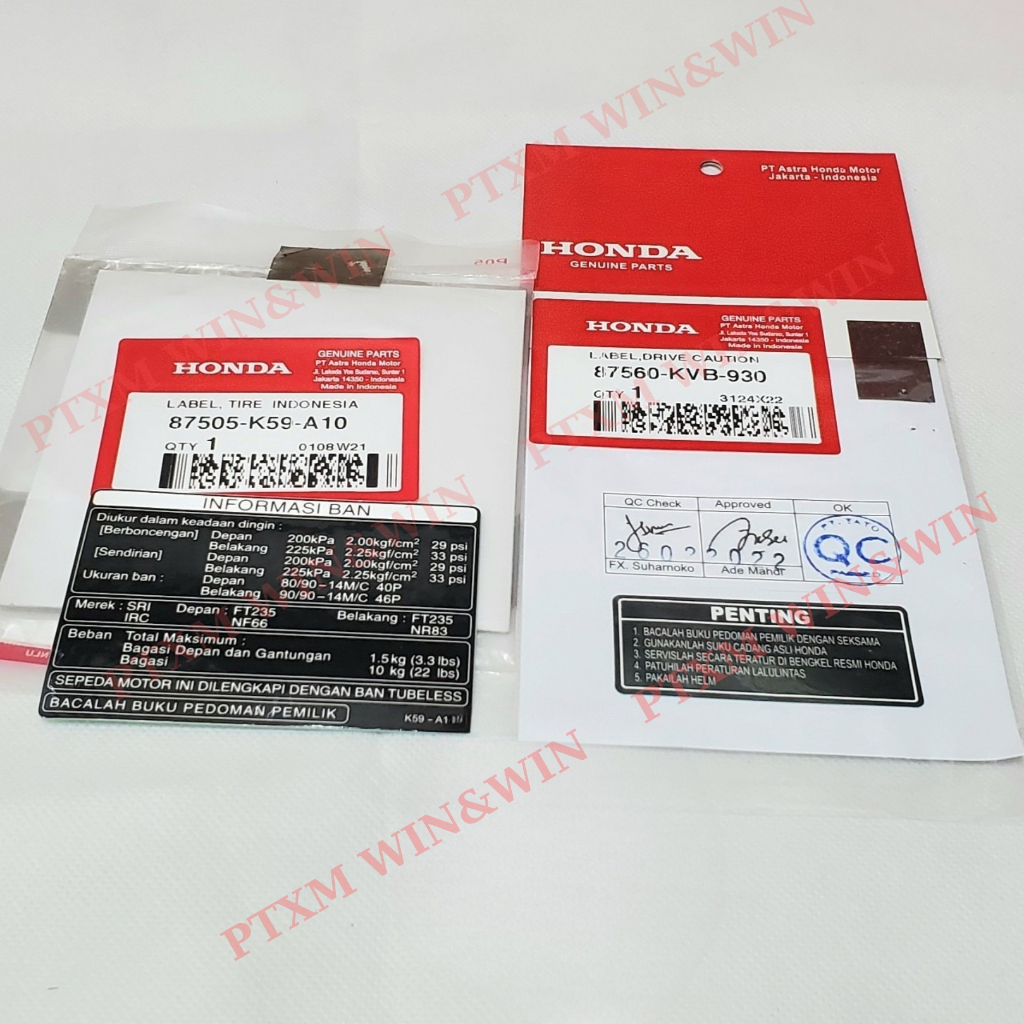 Specification sticker for Vario 2015-2021 Zin honda Indo fairing ...