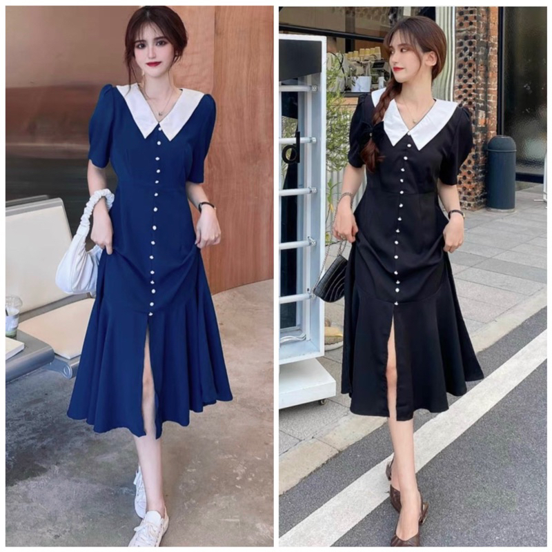 White collar fishtail dress with 2-color pearl buttons (with real ...