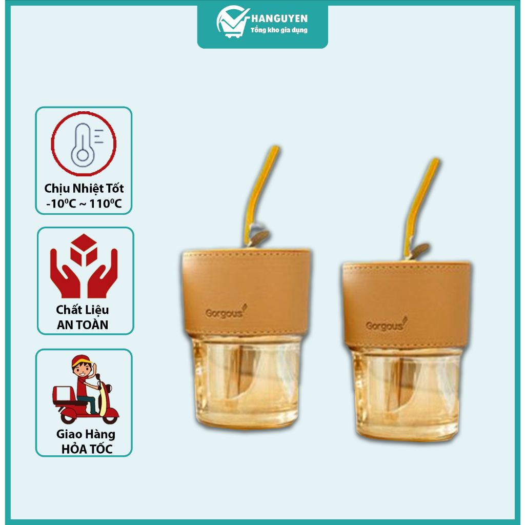 Gorgous leather-covered glass cup with lid and luxurious anti-scald ...