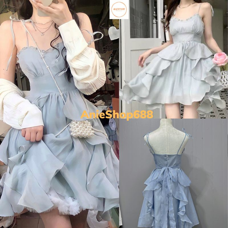 Luxurious tieurious spaghetti straps dress with light blue spaghetti ...
