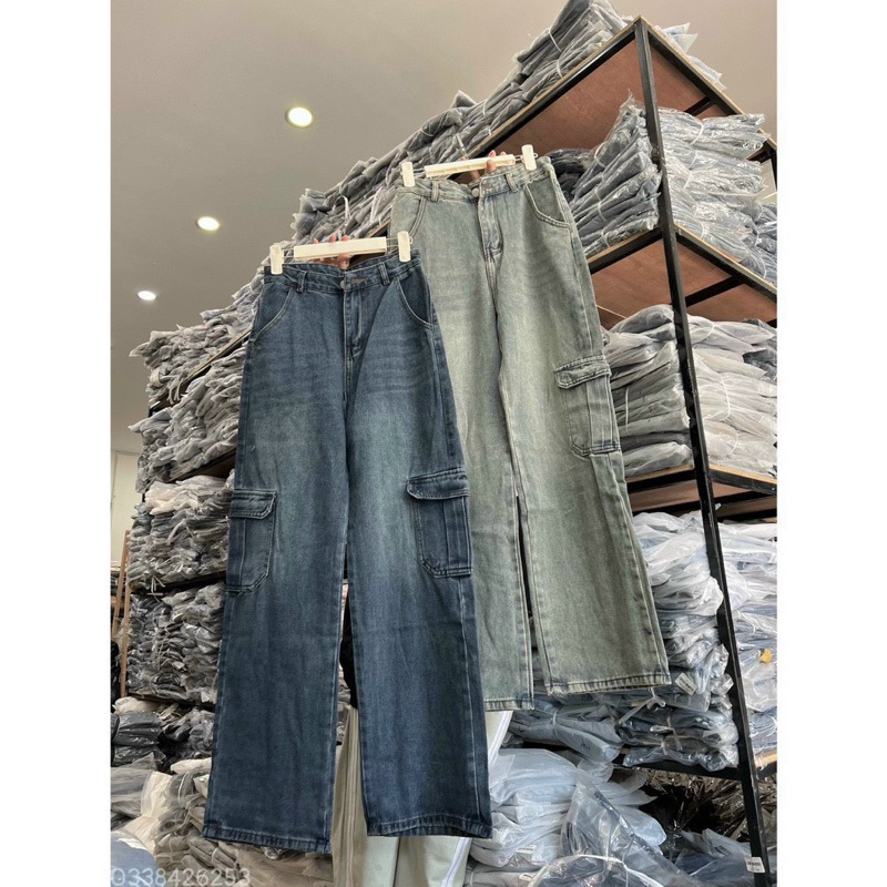 Cargo jeans (denim) with box pockets, loose fit (real photo) | Shopee ...