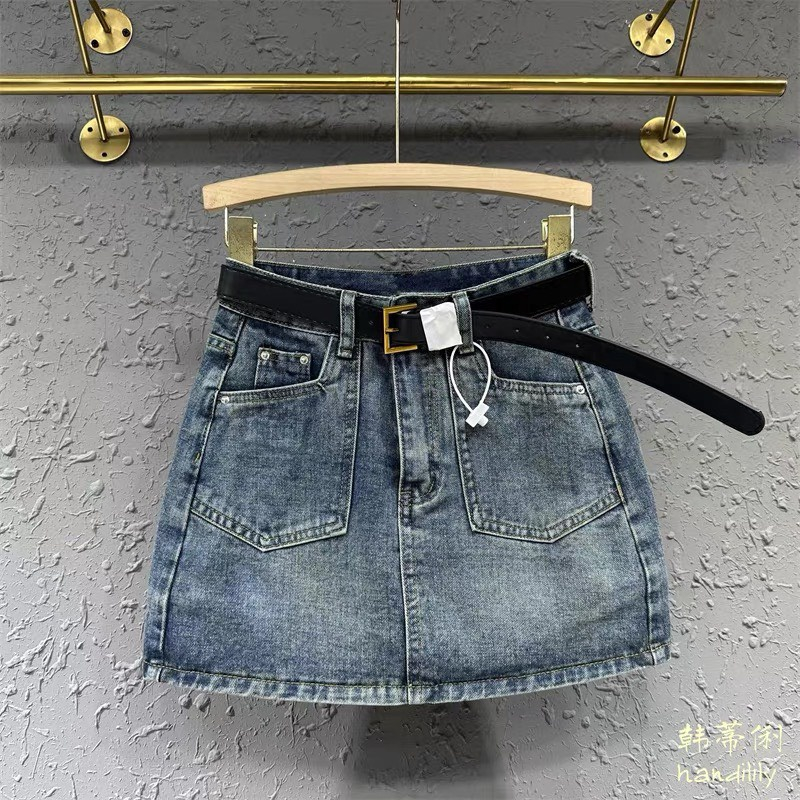 A-line denim skirt - Short jean skirt with pointed pockets and QC belt ...
